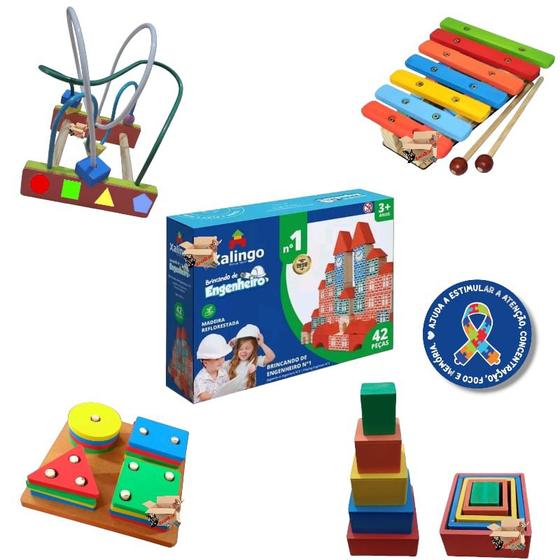 Kit Atividades 05 Brinquedos Pedagógicos Educativos Em Madeira - Primeira Infância TDAH ...
