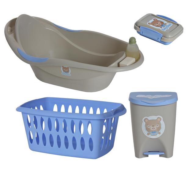 Kit Banho Baby Bebê Infantil Menino Banheira Saboneteira Cesto Lixeira ...