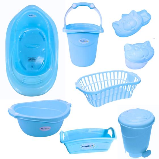 Kit banho bebe 8 peças banheira balde bacia lixeira organizador cesto ...