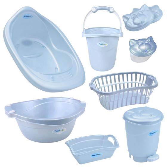 Kit banho bebe 8 peças banheira balde bacia lixeira organizador cesto ...