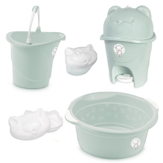 Kit banho bebe adoleta saboneteira + balde bacia lixeira e outros verde ...
