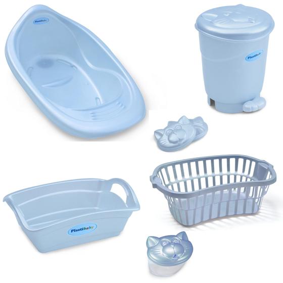 Kit banho bebe banheira + cesto lixeira saboneteira e outros azul ...