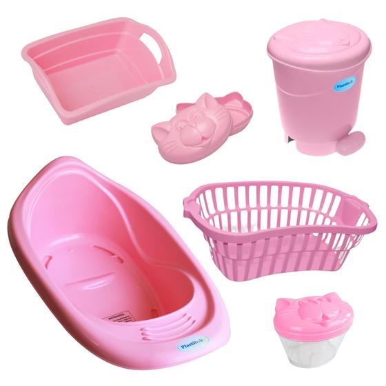 Kit banho bebe banheira + cesto lixeira saboneteira e outros rosa - LET ...