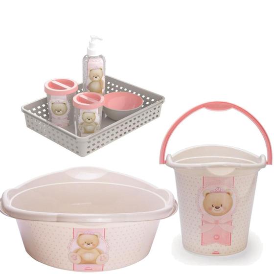 Kit Banho Do Bebe Balde,bacia E Kit Higiene Ursa Rosa - plasutil - No ...