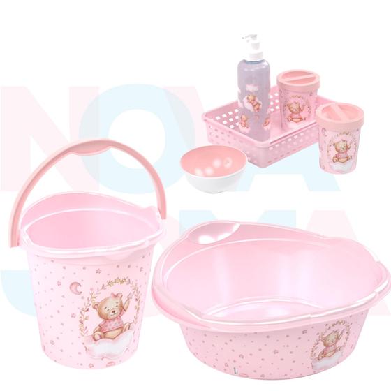 Kit Banho Do Bebe Balde,bacia, Kit Higiene Ursa Rosa - plasutil ...