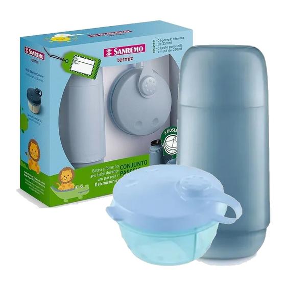Kit Bebê Mini Garrafa Térmica 250ml E Pote Leite Em Pó Azul - Sanremo ...