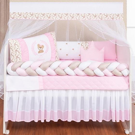 Kit Berço Completo 14 pç Para Menina Ursinho Ted Rosa Claro E Trança ...