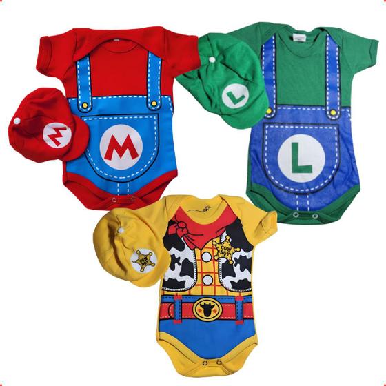 Kit Body Personalizado Body + Boina ( Mário+ Luigi+ Woody + boinas ...
