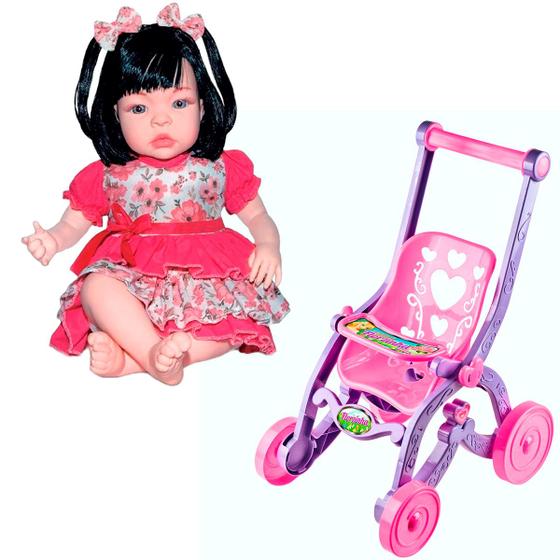 Kit Boneca Baby Kiss Reborn Morena + Carrinho de Boneca Infantil Rosa ...
