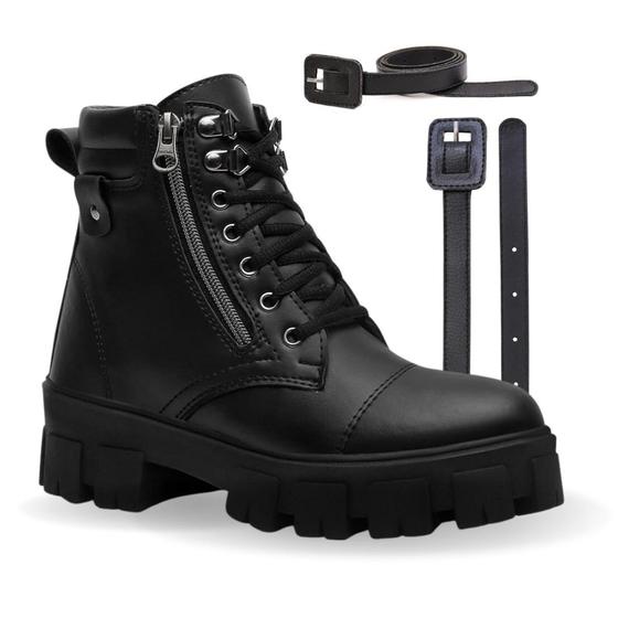 Kit Bota Feminina Tratorada Preto Ziper Lateral Sola Alta Blogueira ...