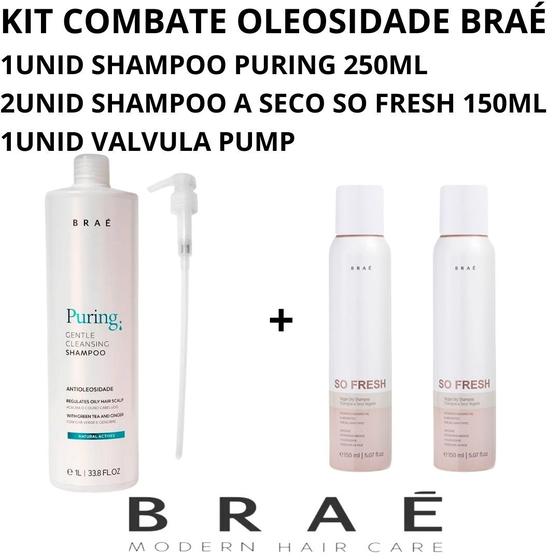 Kit Braé Combate Oleosidade 1 Shampoo Puring 1lt + 2 Shampoo a Seco So ...