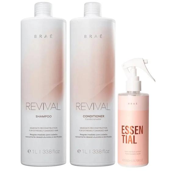 Kit Braé Revival Reconstrutor Shampoo 1L/ Condicionador 1L + Essential 260ml - Kit Shampoo e ...