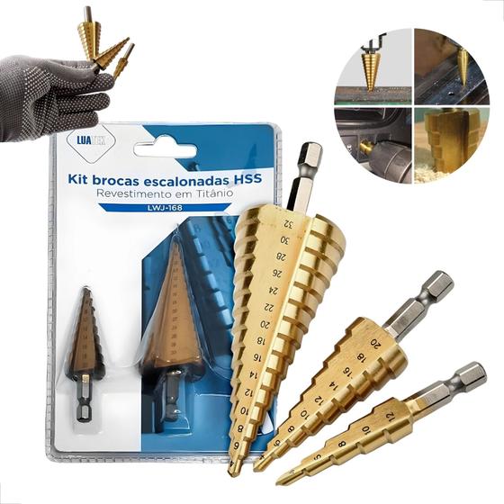 Kit Broca Escalonada de Aço HSS com Titânio Jogo 3 Peças Conico Furo em ...
