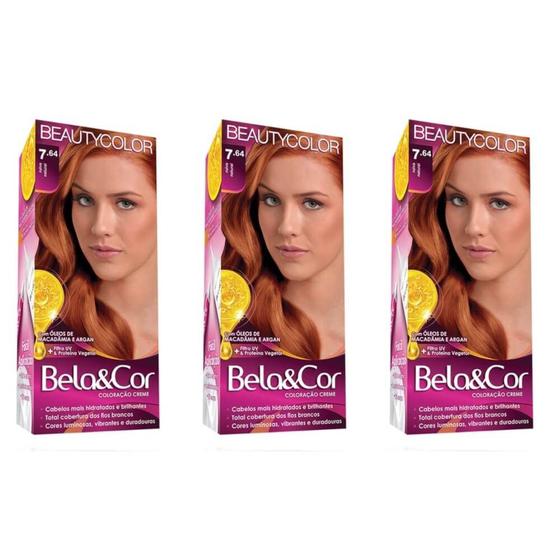 Kit C/03 Bela & Cor Tinta Creme 7.64 Ruivo Natural - Tinta de Cabelo ...