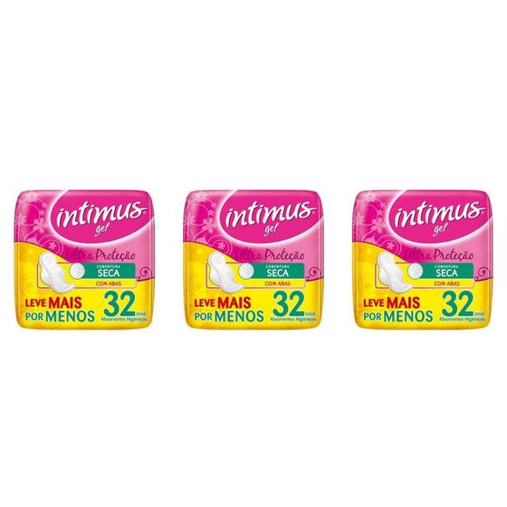 Kit C/03 Intimus Gel Tripla Proteção Seca C/abas C/32 Absorvente ...