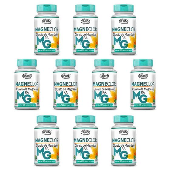 KIT C/ 10 MAGNECLOR CLORETO DE MAGNÉSIO PA 120 Cáps UNILIFE - Cloreto de Magnésio / Magnésio ...