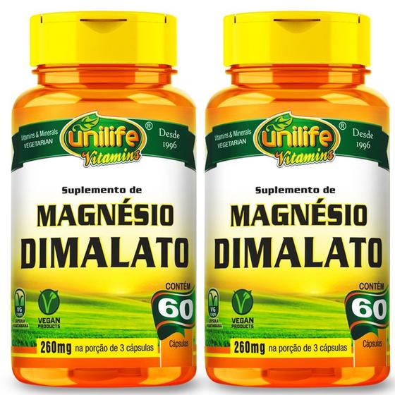 KIT C/ 2 MAGNÉSIO DIMALATO - 60 Cápsulas 800mg UNILIFE - Cloreto de Magnésio / Magnésio Dimalato ...