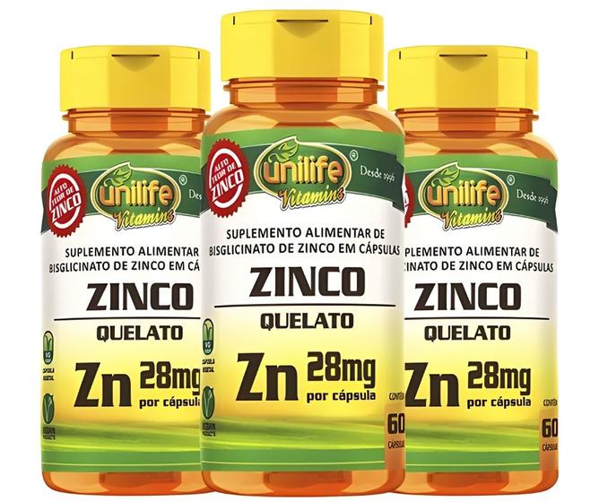 KIT C/3 Un. Suplemento Zinco Quelato Zn Puro 28mg 60 Cápsulas - Unilife ...
