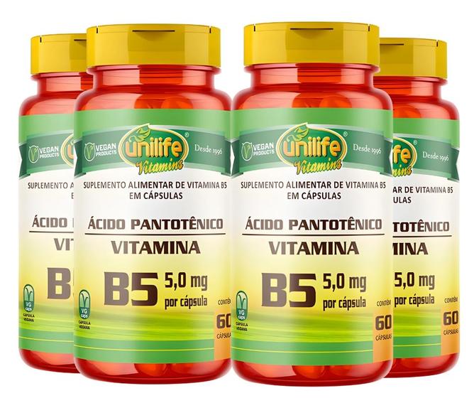 Kit C/4 Vitamina B5 Ácido Pantotênico 60 Caps Vegano Unilife ...