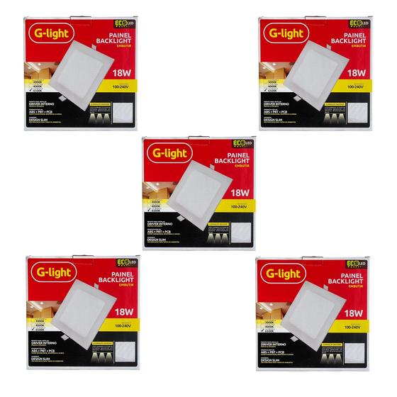 Kit c/ 5 Painéis Slim Backlight G-Light EcoLED Quadrado Embutir 18W 6500K Autovolt - Painel de ...
