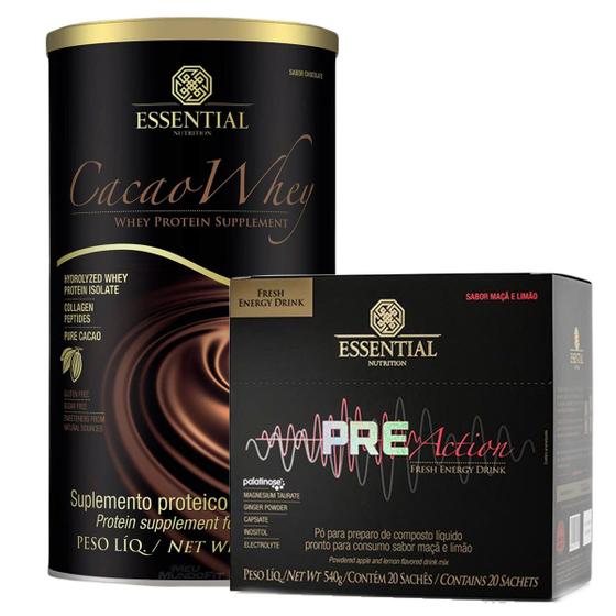 Kit Cacao Whey Protein 450g + Pre-Action Energy 27g (540g) 20 un Essential - Essential Nutrition ...