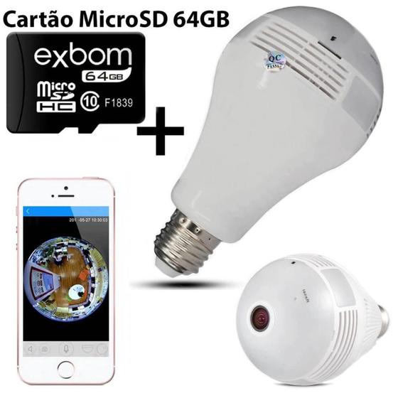 Kit Câmera ip Wi-fi Panorâmica Lâmpada com Visão Noturna + Cartão Micro ...