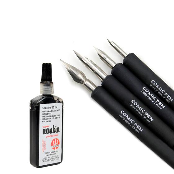 Kit Caneta Bico de Pena Para Desenho Caligrafia C/4 Nanquim Trident ...