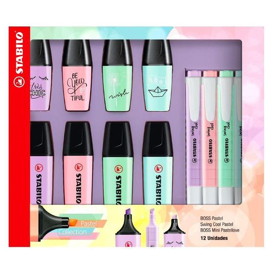 Kit Canetas Marca Textos Stabilo Boss, Mini Love e Swing Cool Tons Pastéis com 12 Unidades ...