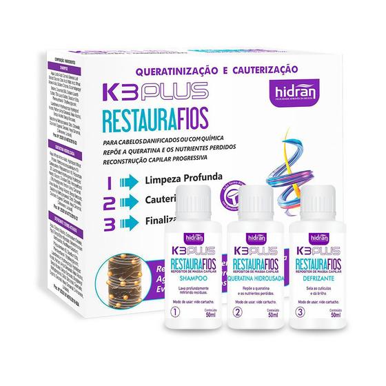 Kit Cauterização e Queratina - Hidran K3 Plus Restaura Fios 150ml ...