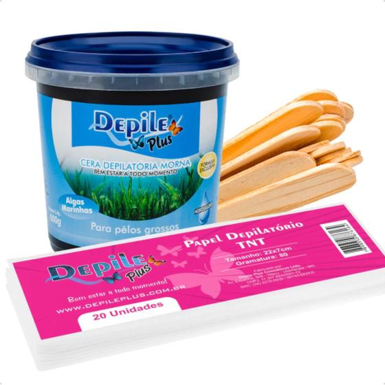 Kit Cera Hidrossolúvel 600g + Espátula (Palito) Larga 15 unidades + Papel Depilatório 20 ...