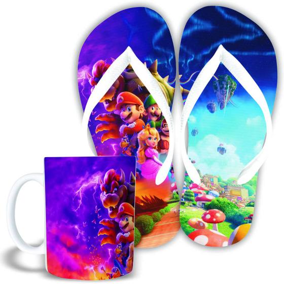 Kit Chinelo e Caneca de plástico rígido Super Mario fundo roxo e azul ...