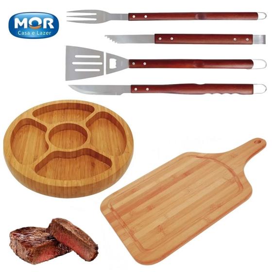 Kit Churrasco com Tabua, Bandeja, Garfo Faca Pegador e Espatula 6 Itens ...