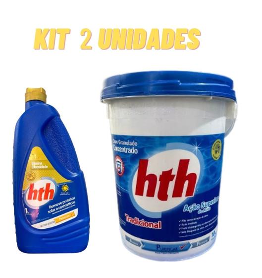 Kit Cloro Granulado Concentrado 10kg HTH e Eliminador de Oleosidad 1L HTH. - Tratamento de Água ...