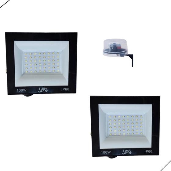 Kit com 02-refletores led holofote 100w + 01-relé fotocélula acende a ...