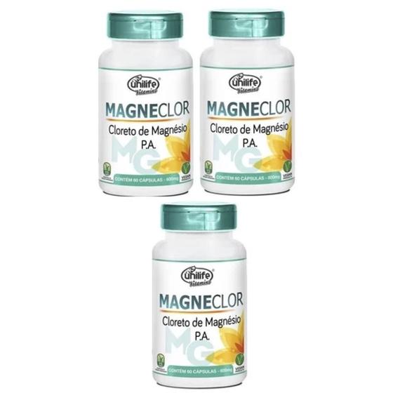 Kit com 3 - Magneclor Cloreto de Magnesio Hexahidratado P.a. 60 Capsul Unilife - Cloreto de ...