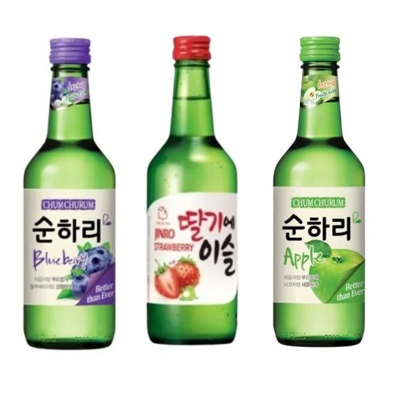 Kit Com 3 Soju Bebida Coreana Blueberry Morango E Maça 360ml Chum
