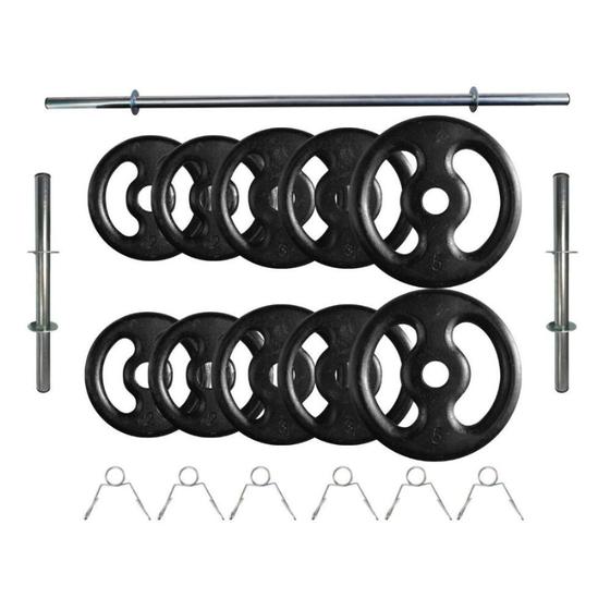 Kit com 30 Kg de Anilhas Ferro Fundido + Barras de Supino e Halteres ...