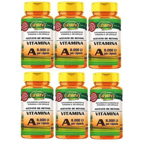 Kit Com 6 Vitaminas A 500 Mg 60 Capsulas 8000 Ui - Unilife - Vitaminas ...