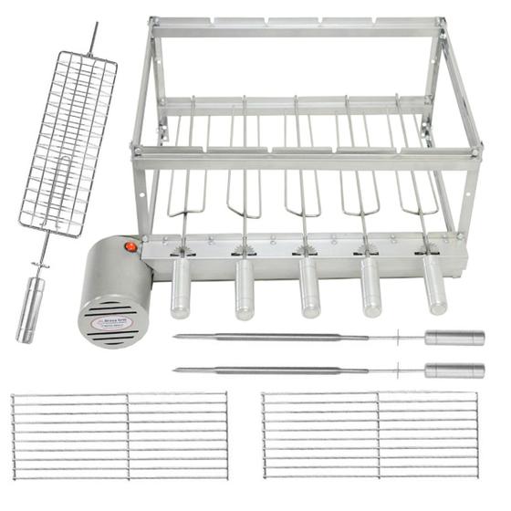 Kit Combo Inox Churrasqueira 5 Espetos Giratório Brasa Grill + 2 Espeto ...