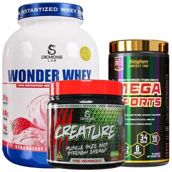 Kit/combo suplemento creatina 200g creature + wonder whey 900g + multivitamínico mega sports 90 ...