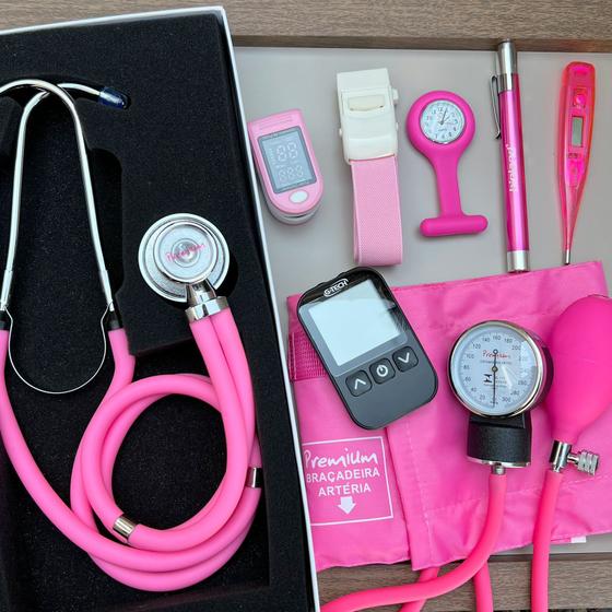 Kit Completo Enfermagem Estagio Rosa Estetoscópio Esfigmo + Kit Medidor ...