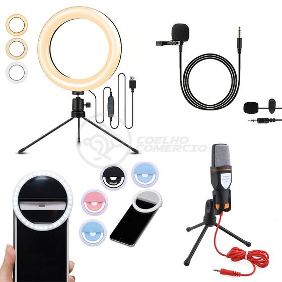 Kit Completo Ring Light de Mesa 6" com Tripé de 16cm + Microfone SF-666 ...