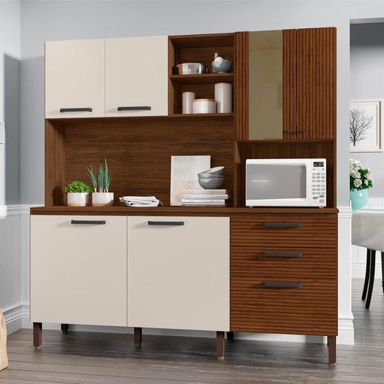 Kit Cozinha 7 Portas e 2 Gavetas com Tampo Nogueira Off White Cp Ripado ...