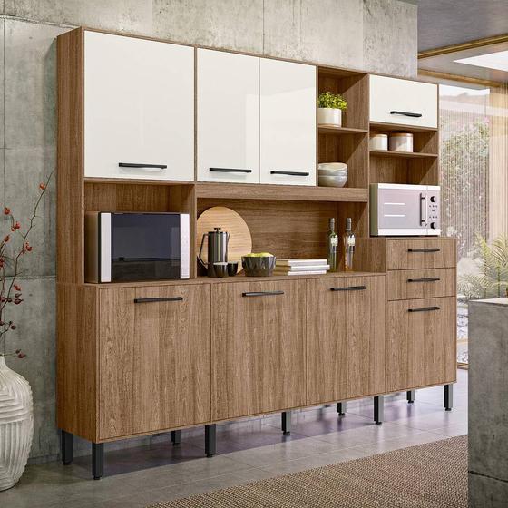 Kit Cozinha Aline 240cm 8 Portas 2 Gavetas Carvalho Off White Tana ...