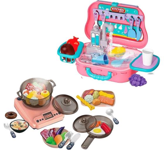 Kit Cozinha Infantil Fogão Solta Fumaça + Pia Lava Louça Torneira Solta ...