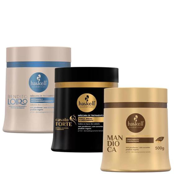 Kit Cronograma Capilar Haskell Máscara Cavalo Forte + Bendito Loiro + Mandioca 500g - Haskell ...