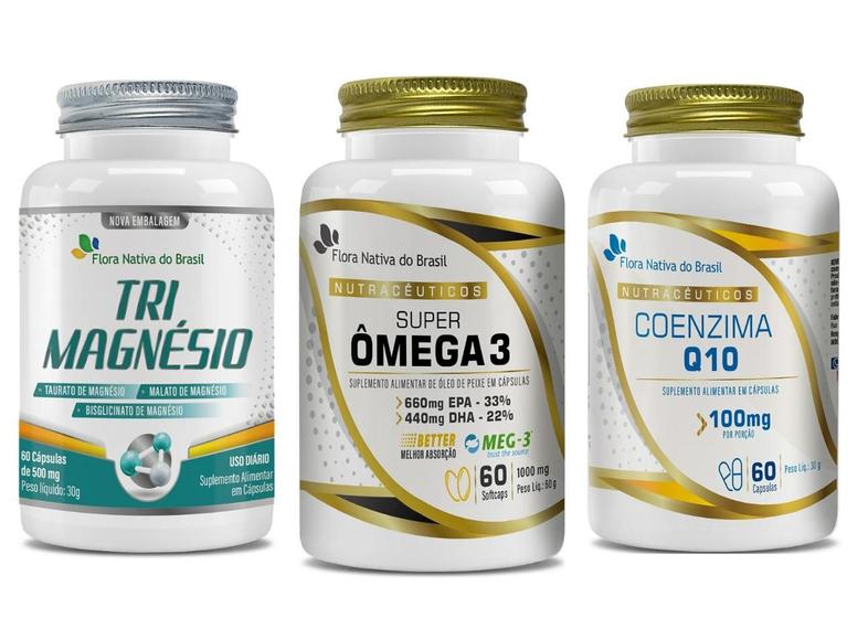 Kit de Suplementos Ômega 3, Coenzimaq10, Tri Magnésio 60 cápsulas Flora ...