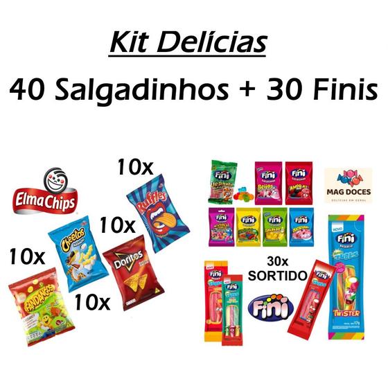 Kit Delícias - 40 salgadinhos Elma Chips Sortidos + 30 Finis Sortidos - Elma Chips + Fini ...