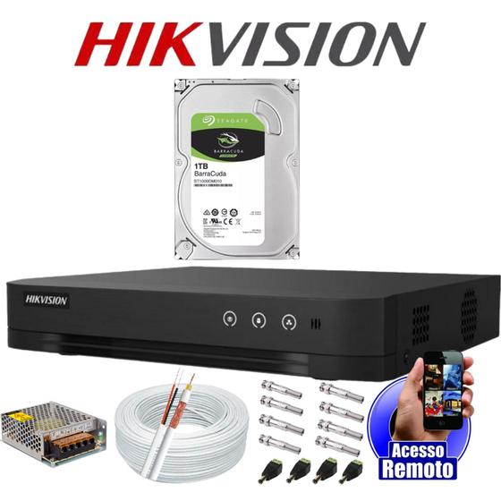 Kit Dvr 4 Canais Hikvision Full Hd 1TB + Cabo + fonte + Conectores para ...