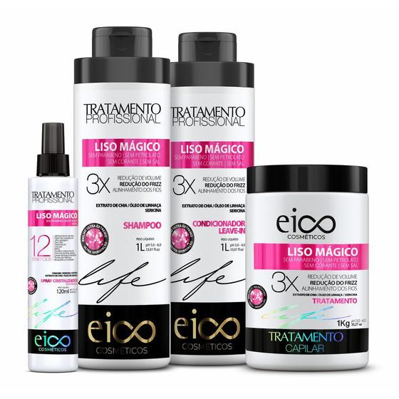 Kit Eico Liso Mágico Shampoo + Condicionador 1l + Máscara 1kg + Spray ...
